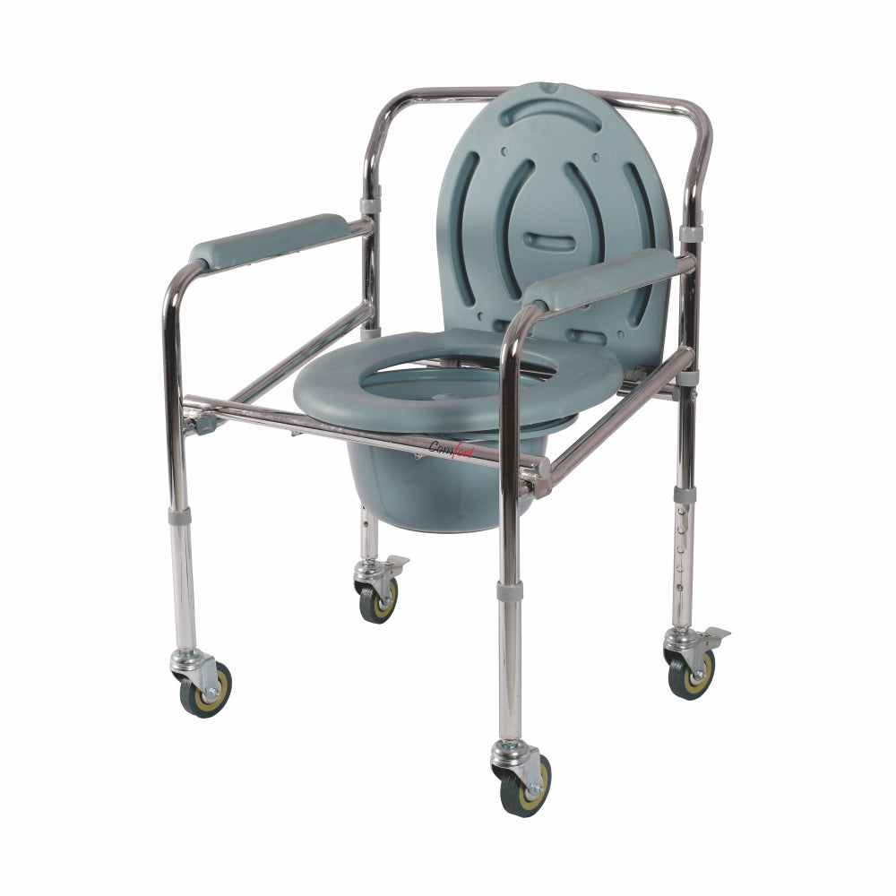 Comfort Steel Foldable Commode Chair With Castors | With Back Rest and ...